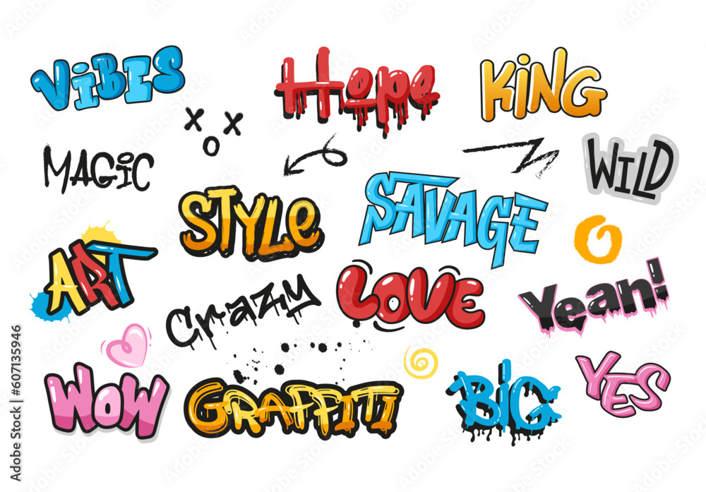 Street graffiti. Vector set of urban typography art graffiti lettering ...