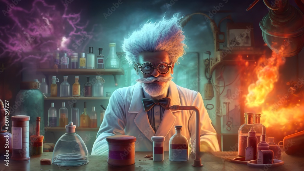 Mad scientist or crazy doctor cartoon character in science lab ...