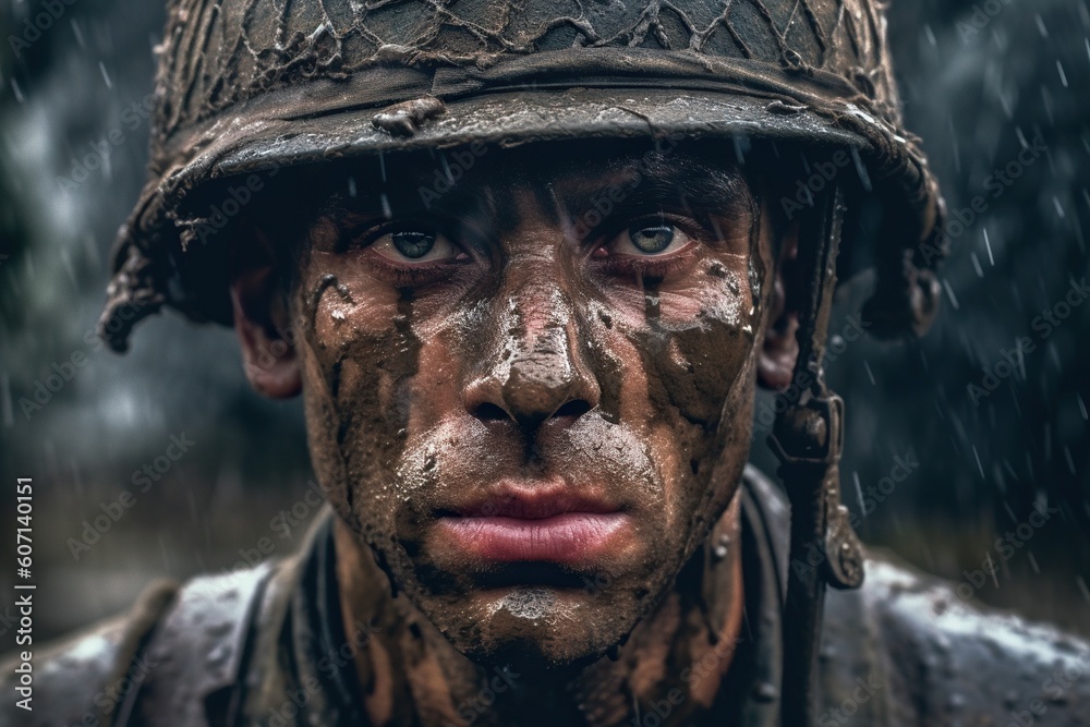 Portrait of ww2 soldier under the rain. World War II. Generative AI ...