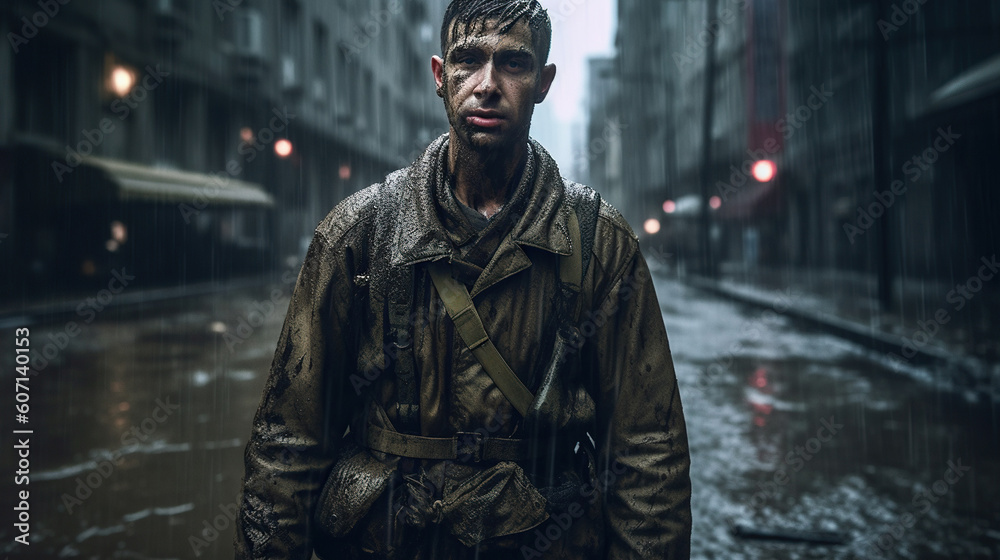 Portrait of ww2 soldier under the rain. World War II. Generative AI ...