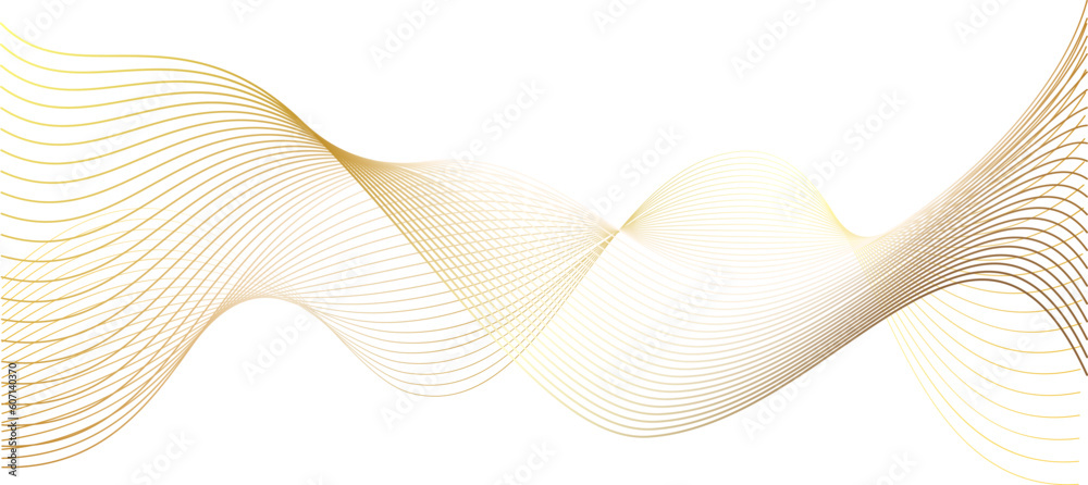 3d wavy gold lines swoosh on white background. Luxury beauty thin curves, swirl as stream flow ...