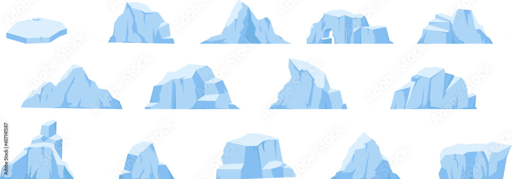 Cartoon icebergs, melting glacier and antarctic iceberg in ocean ...
