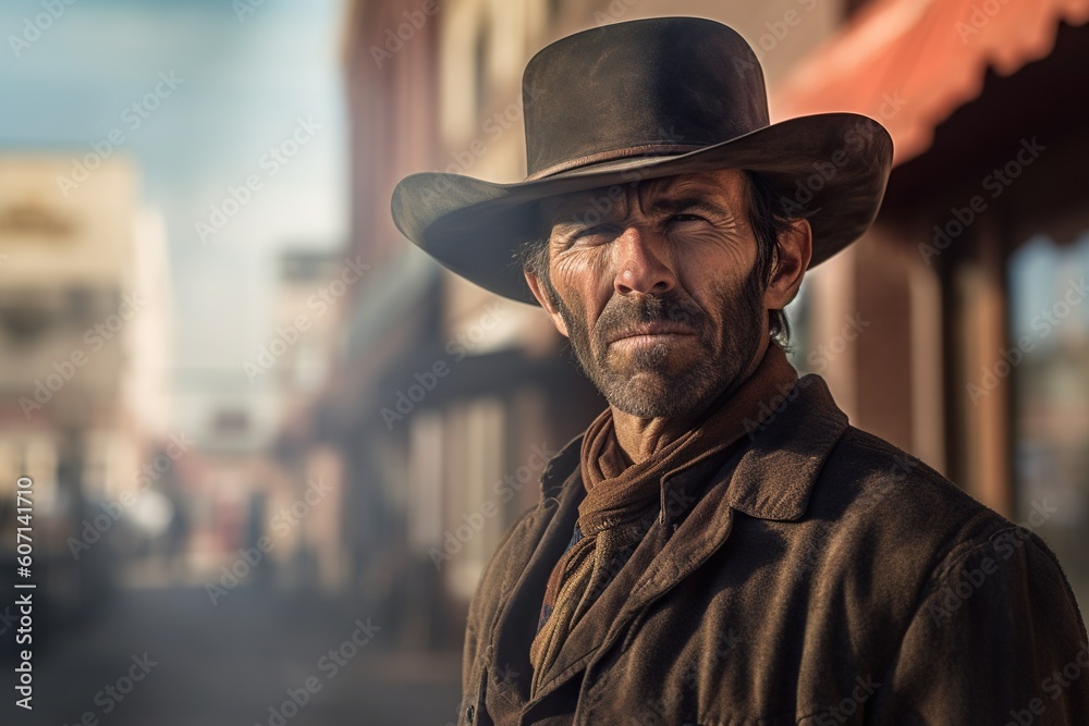 Portrait of cowboy, western movie scene in wild west town. Generative ...