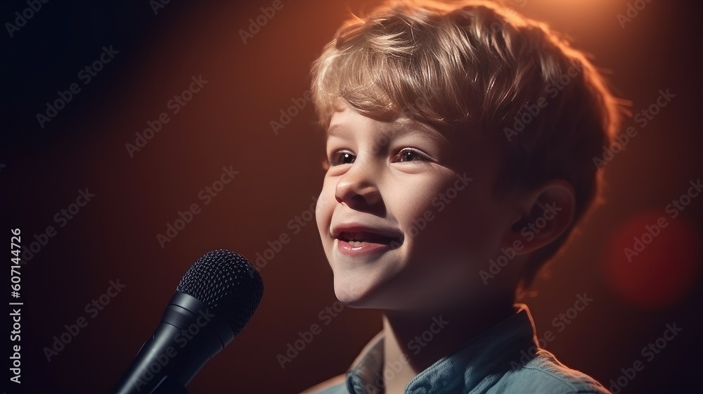 Little singer boy sing song to microphone on stage, happy attractive ...