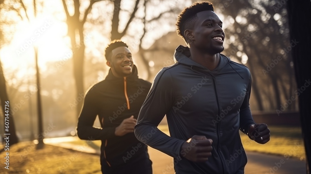 Two black men morning jogging in park sunlight, smiling friends men ...