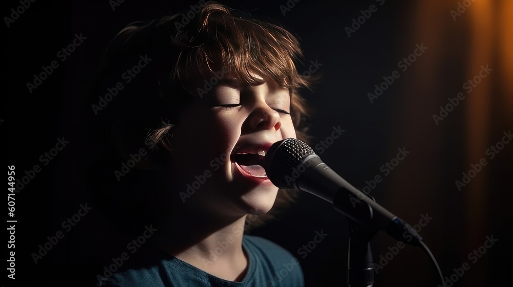 Little singer boy sing song to microphone on stage, happy attractive ...