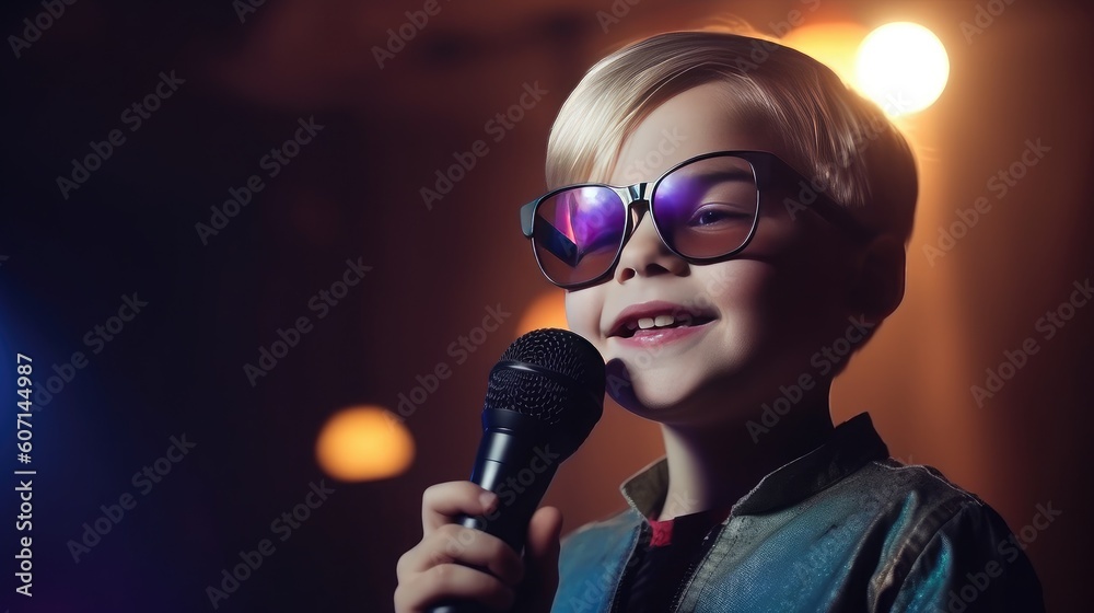 Little singer boy sing song to microphone on stage, happy attractive ...