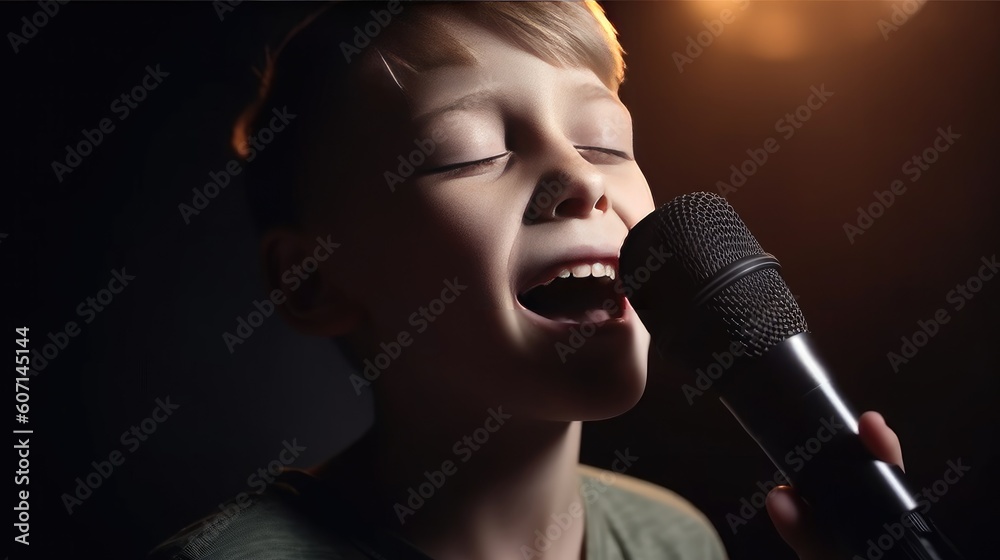 Little singer boy sing song to microphone on stage, happy attractive ...