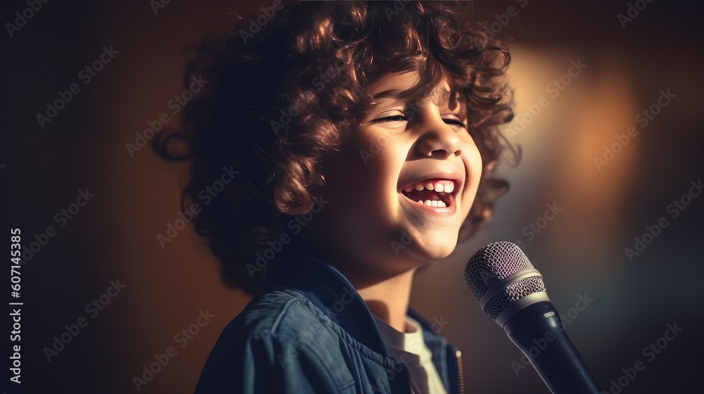 Little singer boy sing song to microphone on stage, happy attractive ...