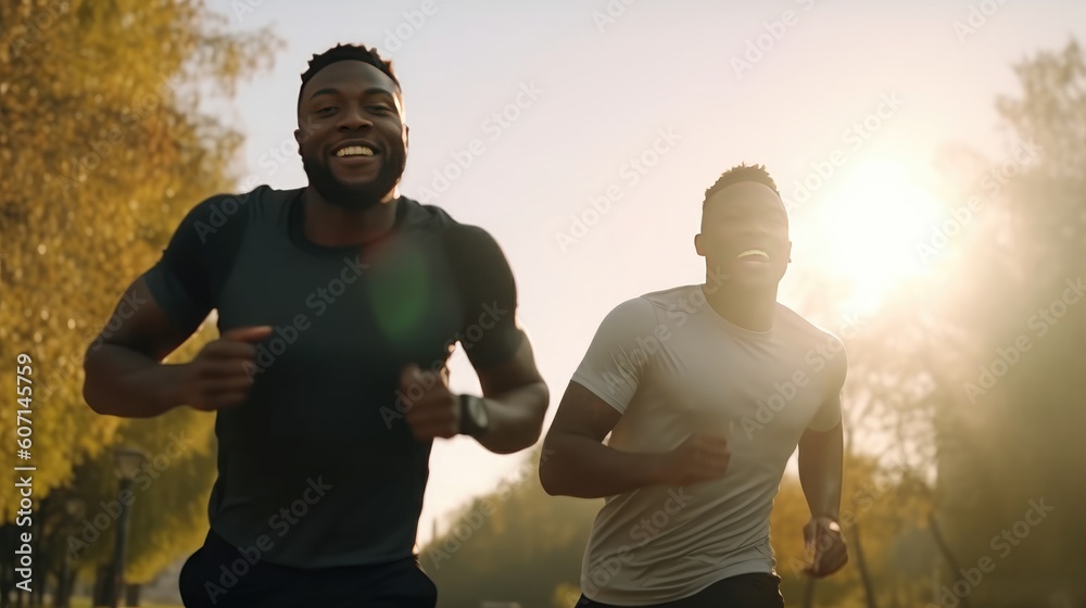 Two black men morning jogging in park sunlight, smiling friends men ...