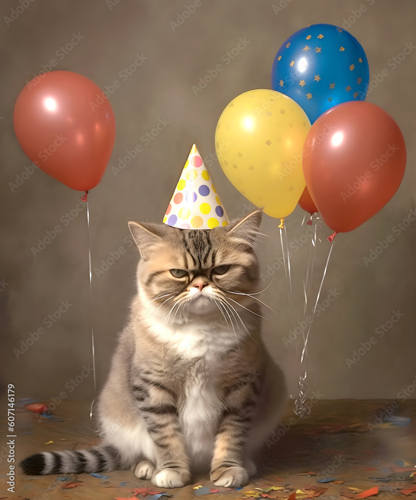 Grumpy Tabby Cat, birthday party with balloons and hat. Generative AI ...