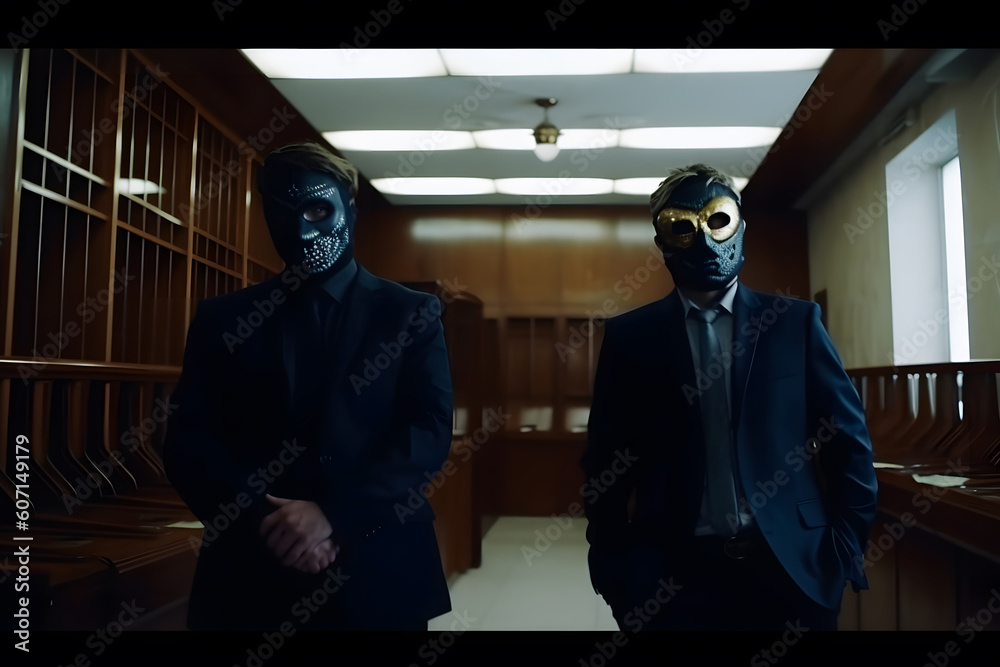 Bank robbery of the century. Criminal man in a hidden mask holding the ...