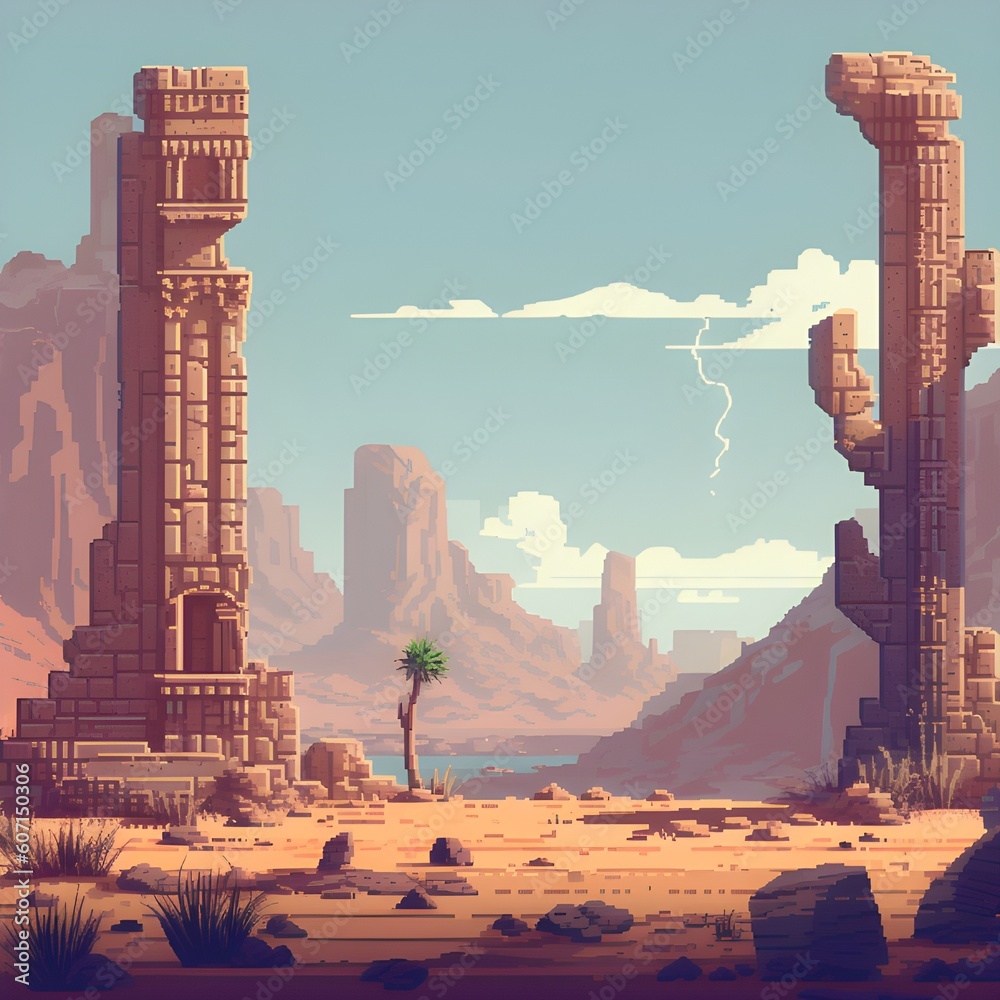 Ancient ruins in desert landscape, rpg, adventure, ruins, pixel art ...