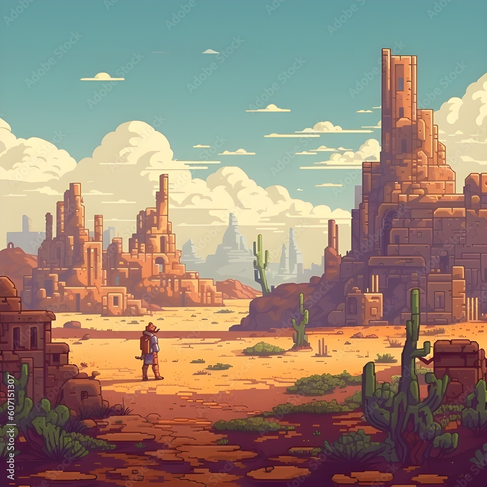 Ancient ruins in desert landscape, rpg, adventure, ruins, pixel art ...