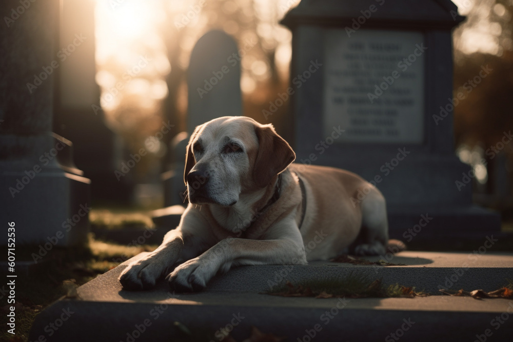Sad and loyal dog laying on his owner grave. Friendship, loneliness and ...