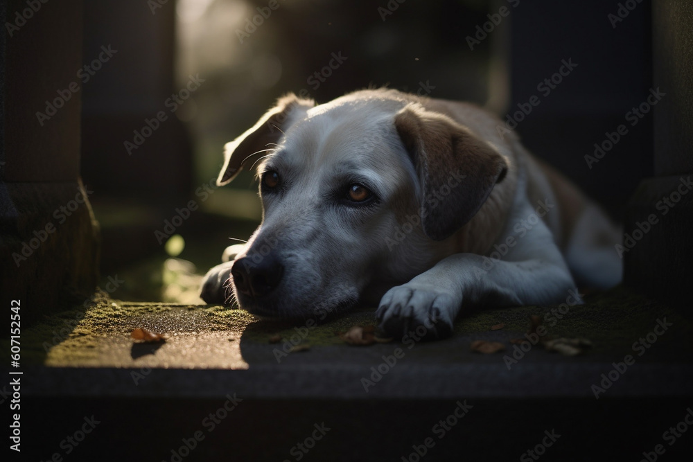 Sad and loyal dog laying on his owner grave. Friendship, loneliness and ...