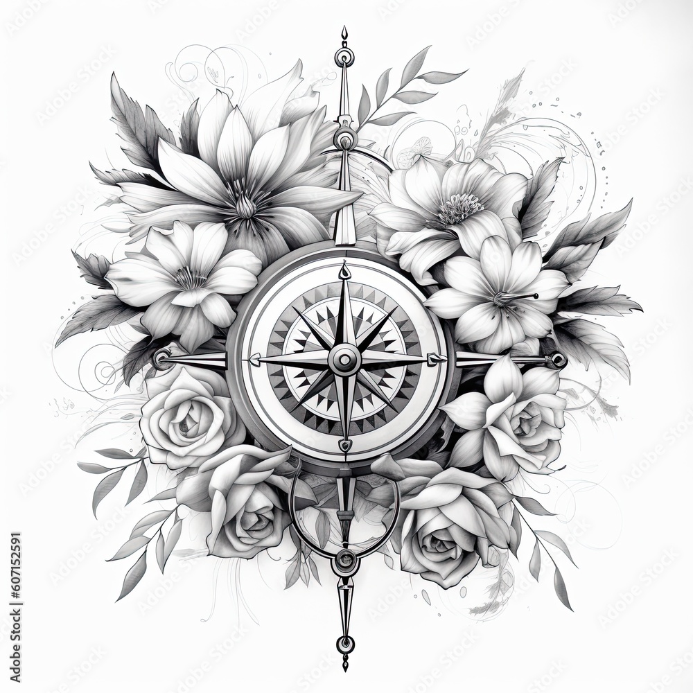 Wind rose compass with floral border, tattoo drawing template, ai ...
