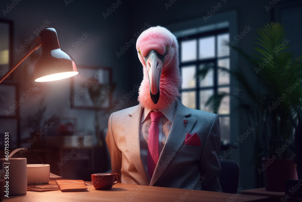 Anthropomorphic pink flamingo dressed in a suit like a businessman ...