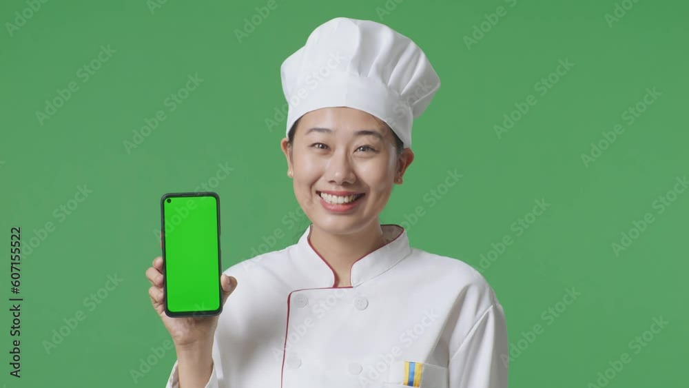 Close Up Of Asian Woman Chef Smiling And Showing Green Screen ...