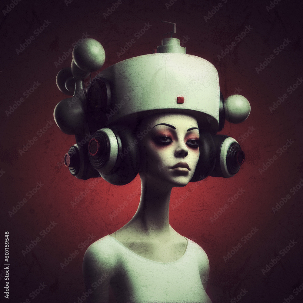 Digital illustration of a female robot head over grunge red background ...