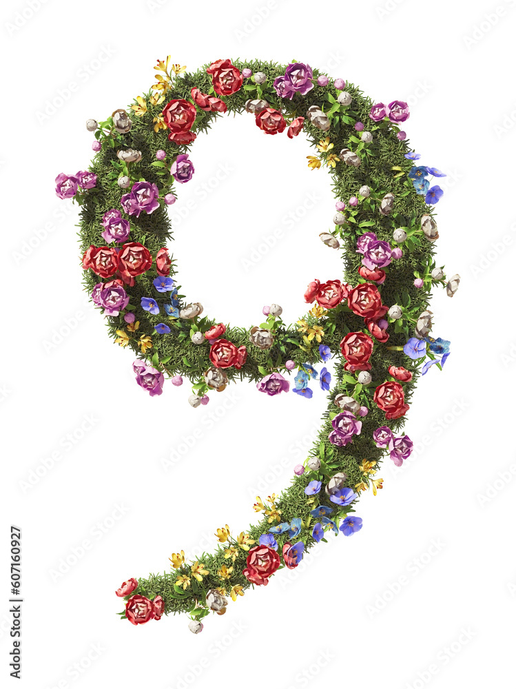 Flower Number 9, Nine. Vintage garden floral and plants font serif ...