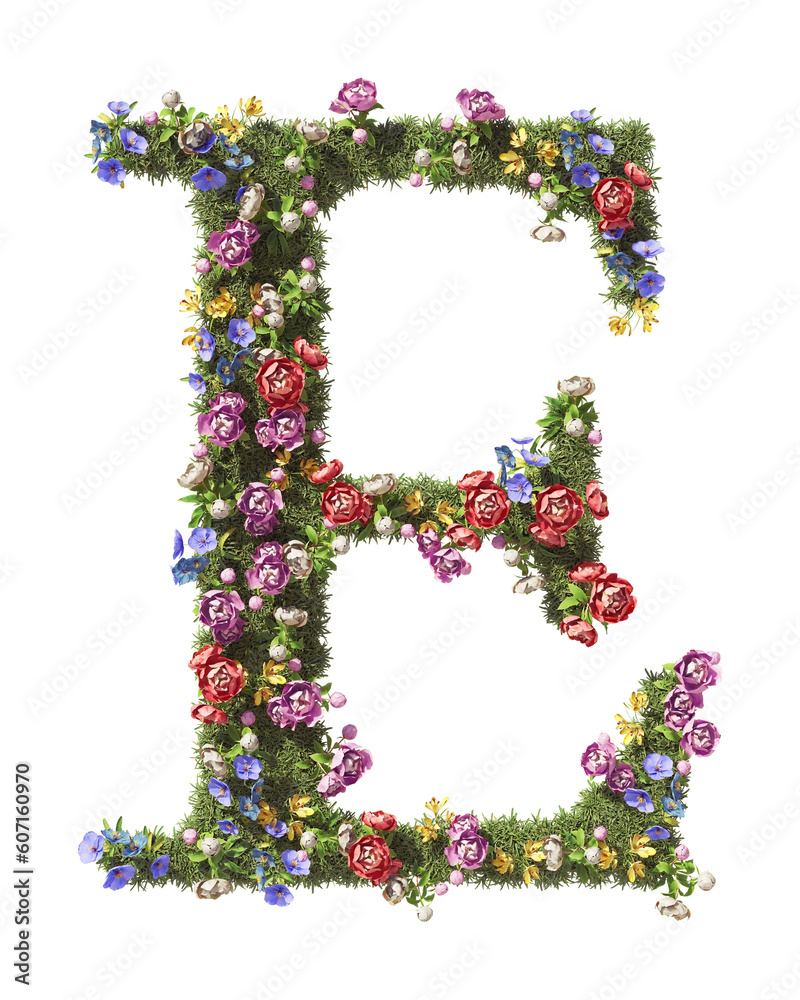 Flower Letter E. Vintage garden floral and plants font serif Isolated ...