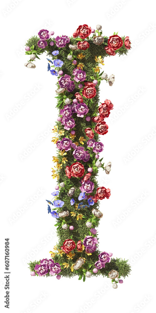Flower Letter I. Vintage garden floral and plants font serif Isolated ...