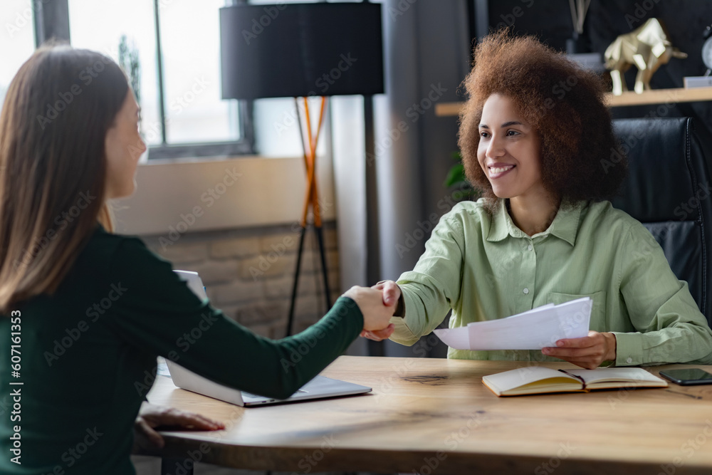 Recruitment manager shaking hands, hiring for job new employee sitting ...
