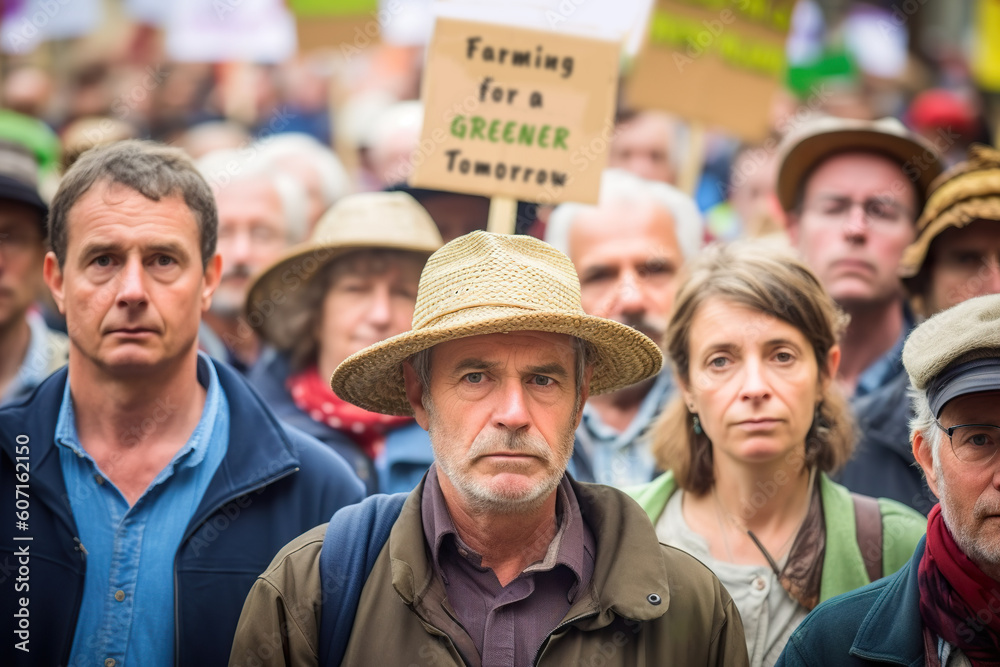 A group of farmers walking down a street holding signs for sustainable ...