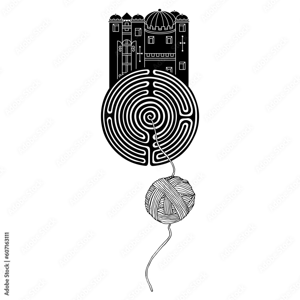 Medieval castle standing on a round spiral maze or labyrinth symbol and ...