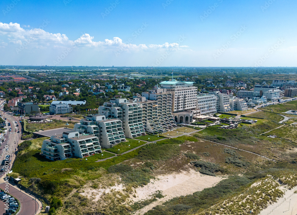 This aerial drone photo shows the boulevard and coastline of Noordwijk aan Zee in Zuid-Holland ...