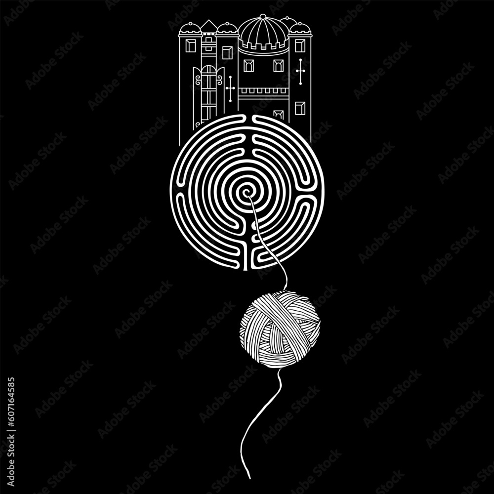 Medieval castle standing on a round spiral maze or labyrinth symbol and ...