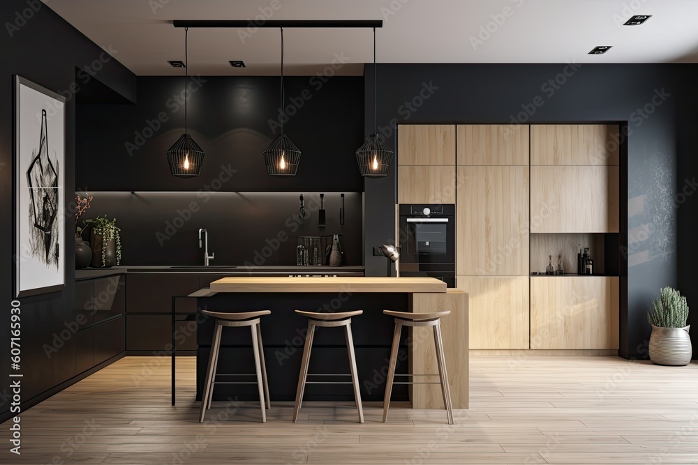 Black kitchen with a bar and light colored hardwood furniture as seen ...