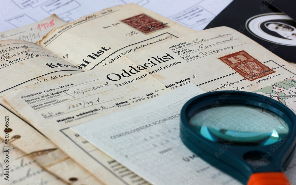 Old personal documents - birth, marriage and death certificate - and a ...