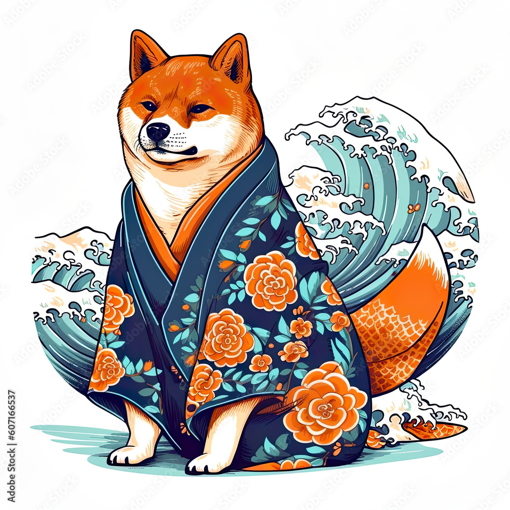 Cute shiba inu dog in kimono with flowers and waves, generative AI ...