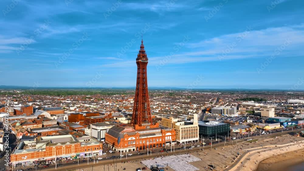 Aerial footage,of the famous Blackpool Tower and beach from the sky on ...