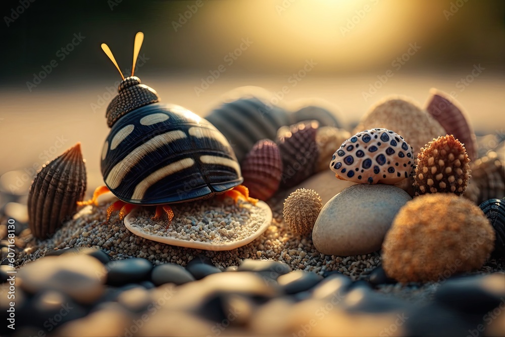 motif of summer including a beach and seashells. A ladybug and several ...