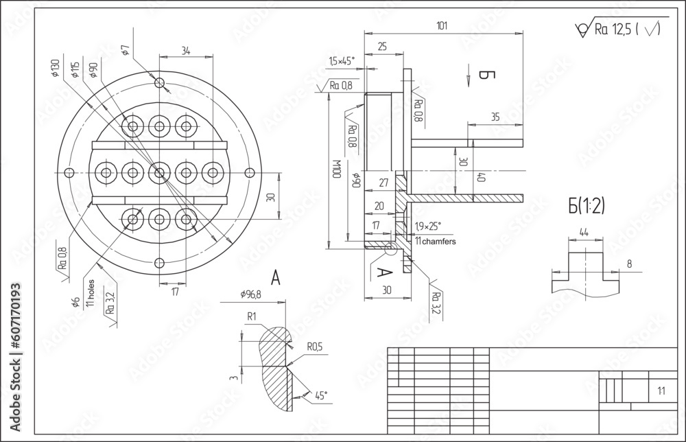 Vector drawing of a steel mechanical part with through holes ...