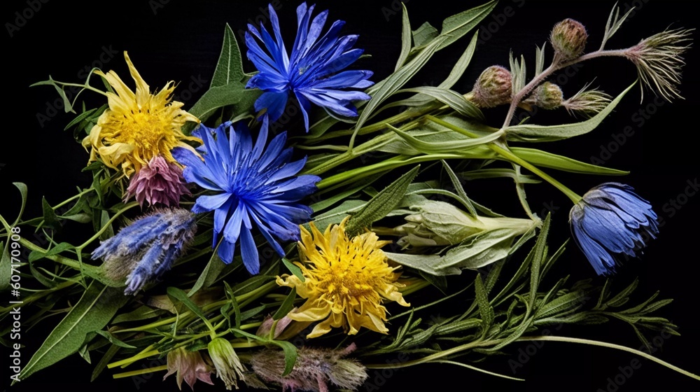 Wildflowers are yellow and blue. Flowers in yellow-black color. Flowers ...