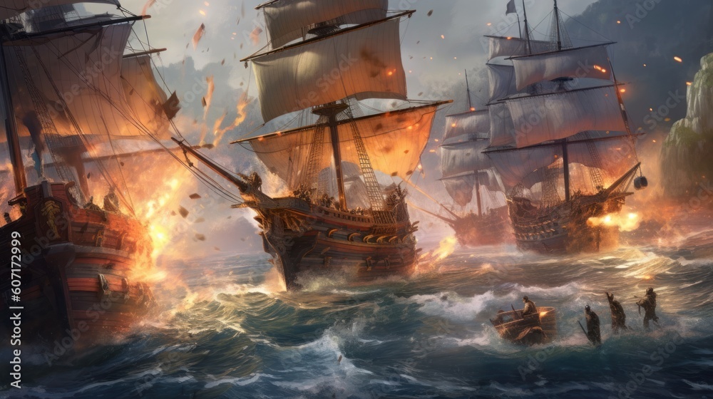 Intense naval battle scene between rival pirate ships, with cannons ...