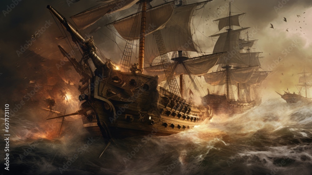 Intense naval battle scene between rival pirate ships, with cannons ...