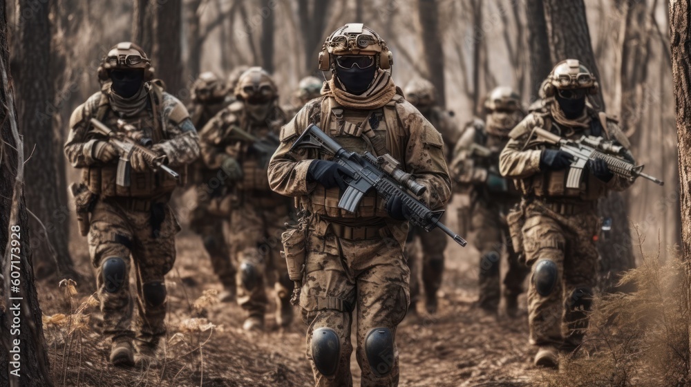 Team of elite special forces soldiers executing a covert mission behind ...