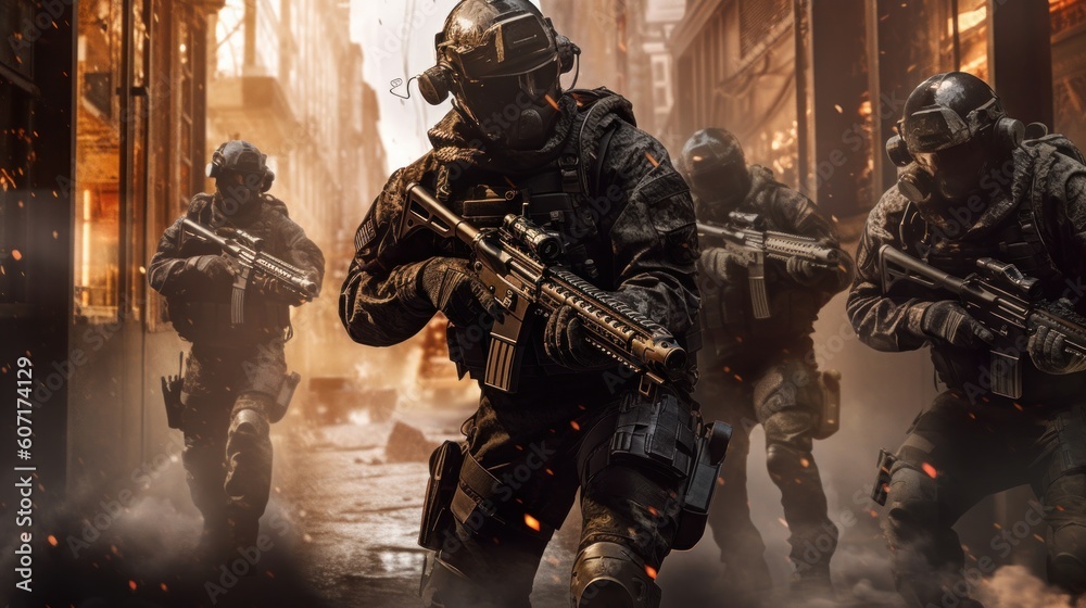 Team of elite special forces soldiers executing a covert mission behind ...