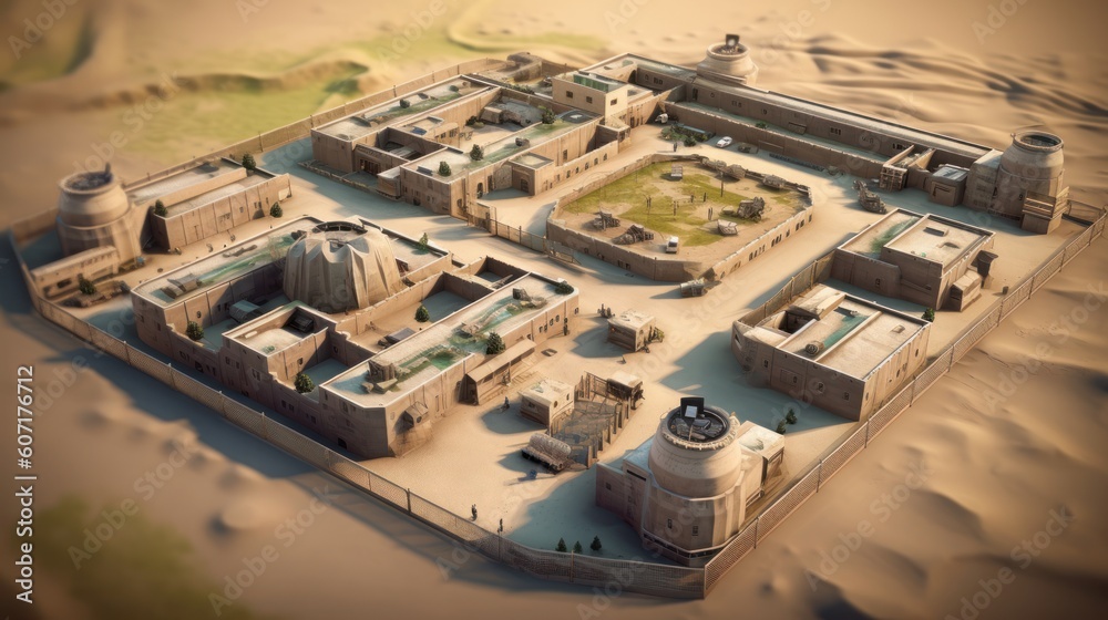 Fortified military base, complete with barracks, command centers, and ...