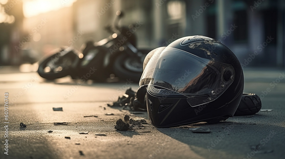 Fragments of a broken motorcycle on the pavement. Generative AI Stock ...