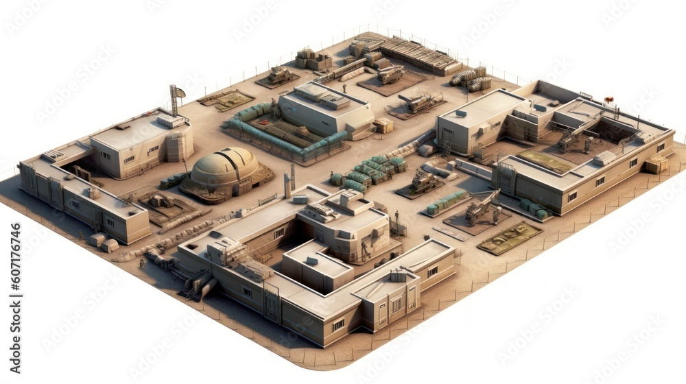 Fortified military base, complete with barracks, command centers, and ...