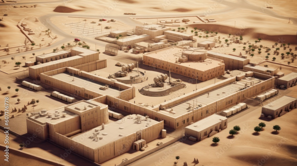 Fortified military base, complete with barracks, command centers, and ...