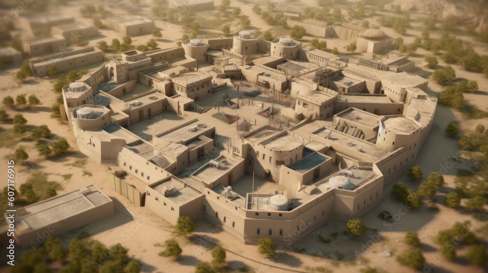 Fortified military base, complete with barracks, command centers, and ...