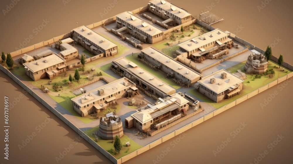Fortified military base, complete with barracks, command centers, and ...