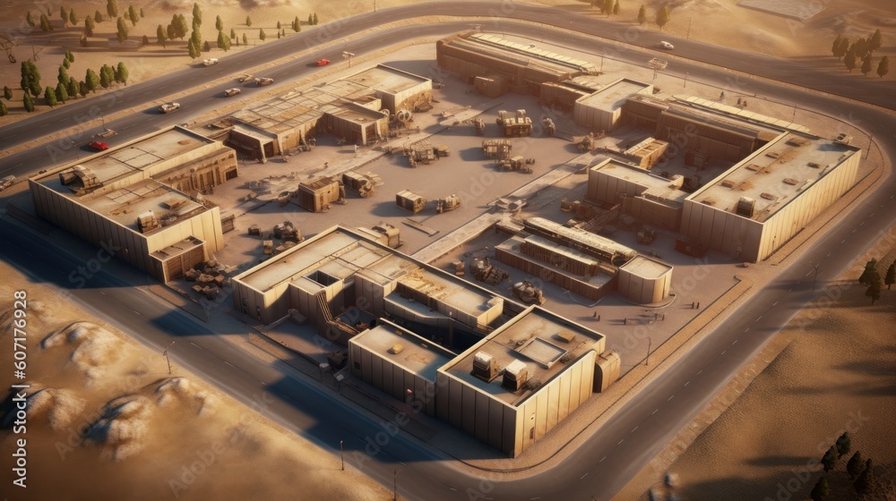 Fortified military base, complete with barracks, command centers, and ...